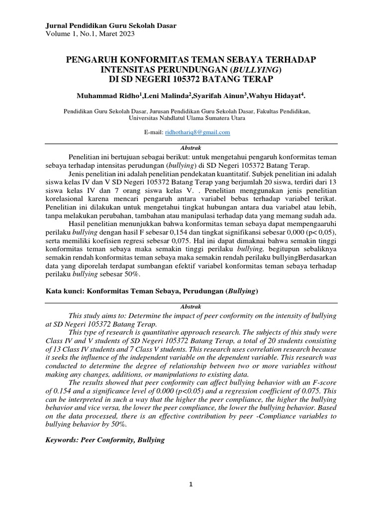 Pengaruh Konformitas Teman Sebaya Terhadap Intensitas Perudungan ...
