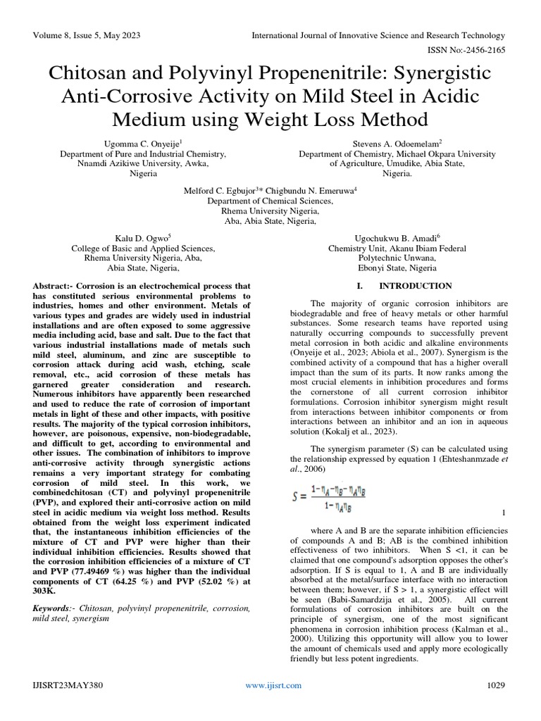 Chitosan and Polyvinyl Propenenitrile Synergistic Anti-Corrosive ...