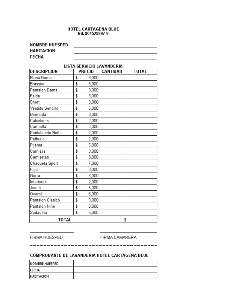 Formato Servicio de Lavanderia Hoteles | PDF