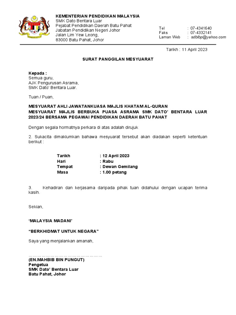 Surat Panggilan Mesyuarat | PDF