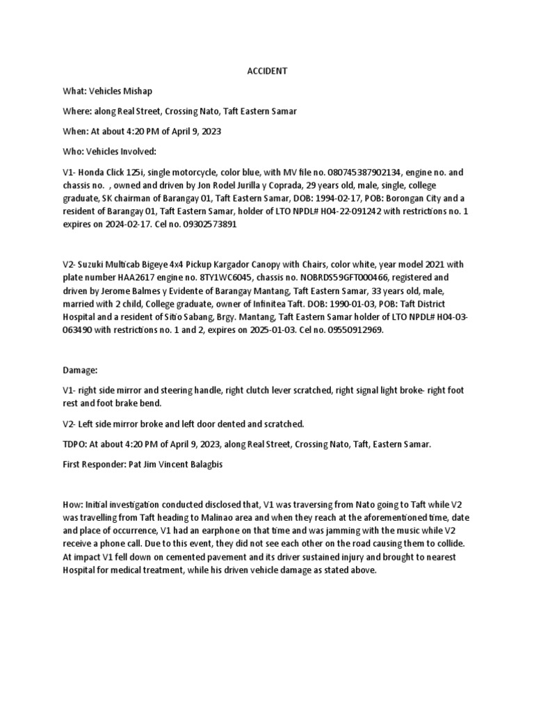 ACCIDENT (Blotter Report Example) | PDF | Vehicles | Manufactured Goods