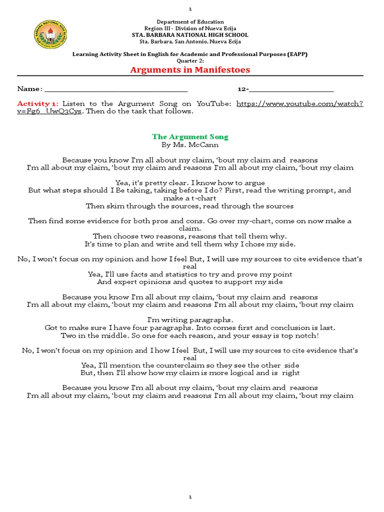 EAPP - Arguments in Manifestoes - LAS | Download Free PDF | Profanity | Argument