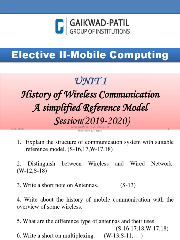 Elective II-Mobile Computing: History of Wireless Communication A Simplified Reference Model ...