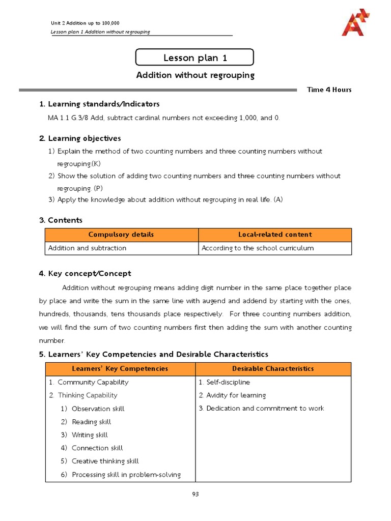 Lesson Plan 2-1 Addition Without Regrouping | PDF | Learning | Lesson Plan