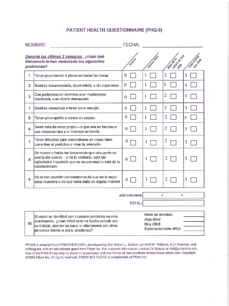 Phq 9 In Spanish Downloadable Form – SBWK