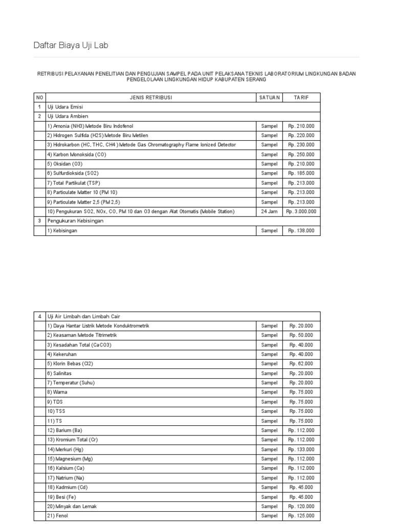 Daftar Biaya Uji Lab | PDF