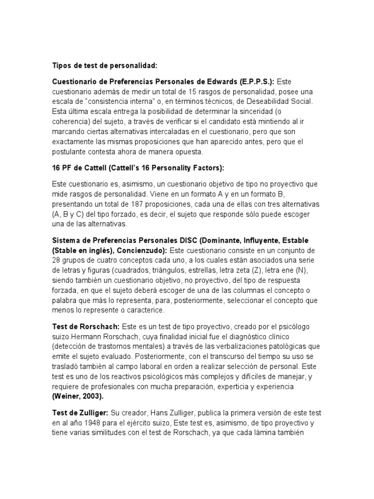 Tipos de Test de Personalidad EXPO | PDF | Conceptos psicologicos ...