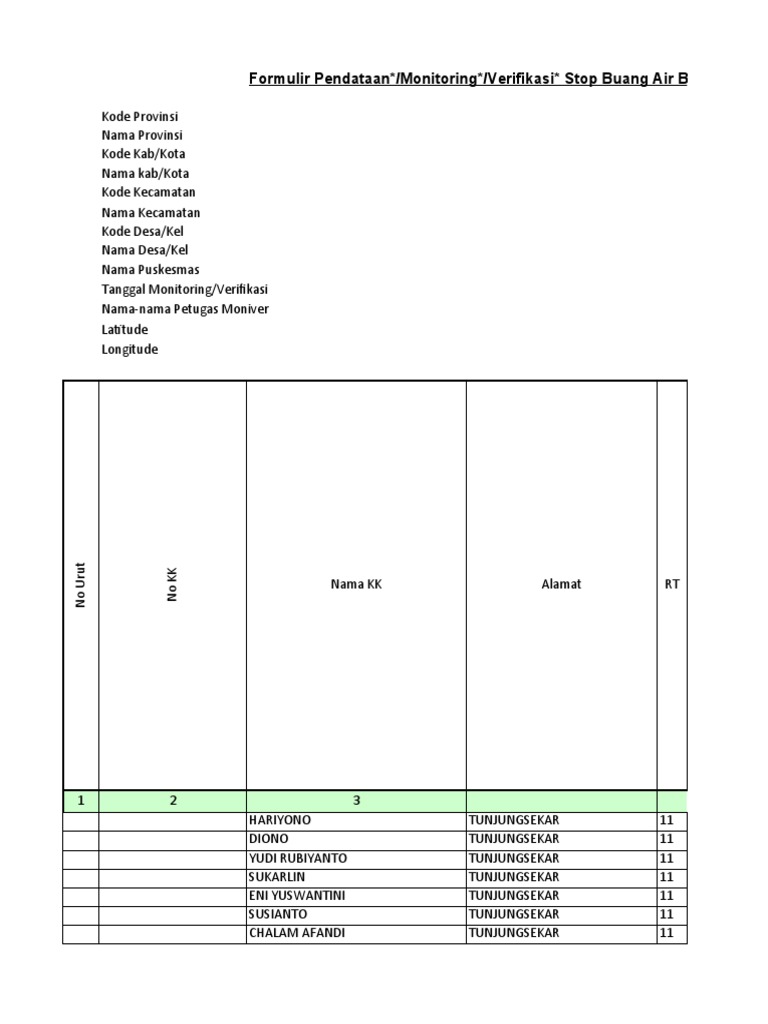 Template Lembar Monitoring_Verifkasi 5 Pilar STBM (2) | PDF