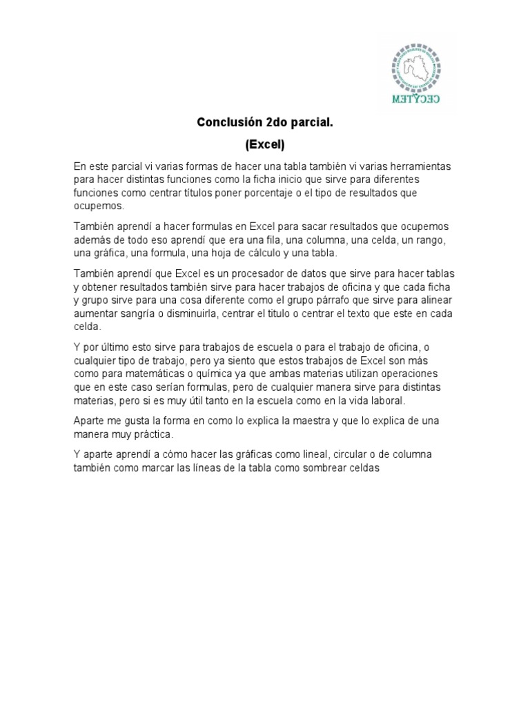 Conclusión 2do Parcial de Excel | PDF | Métodos y materiales de ...