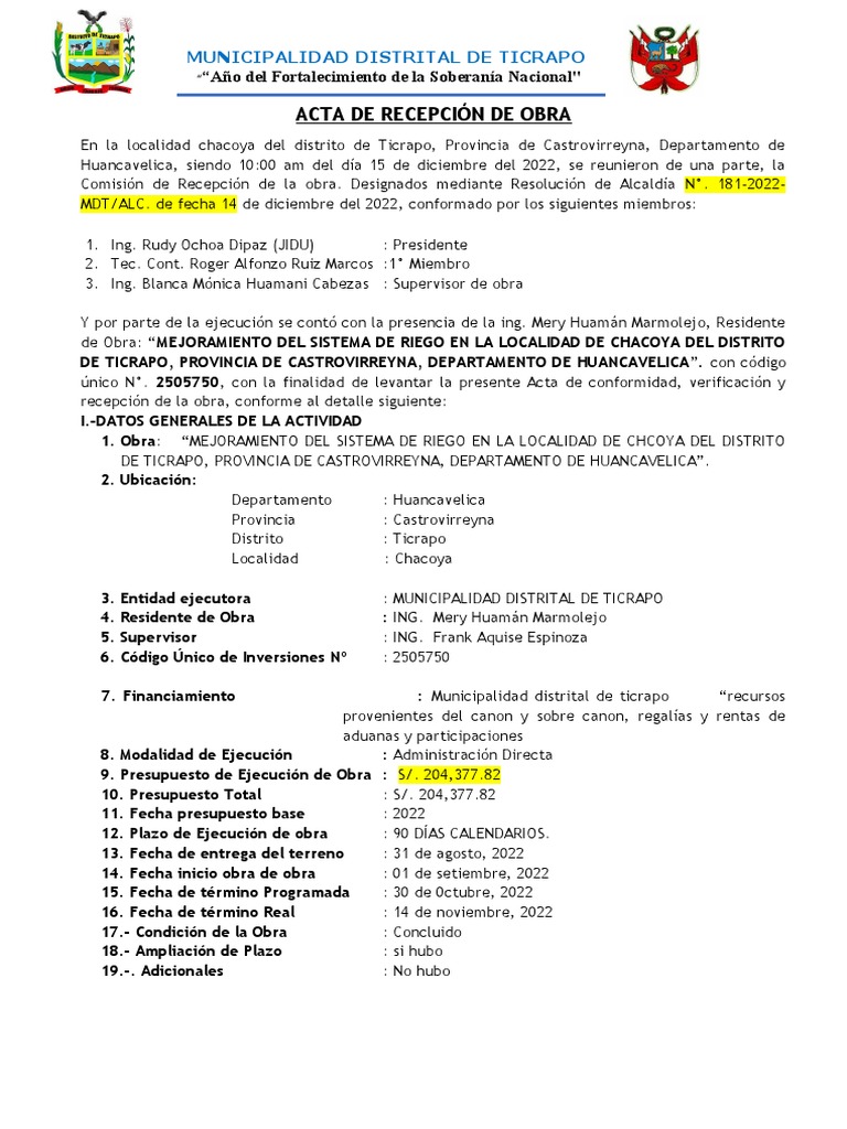 Acta de Recepción de Obra | PDF | edificio | Materiales