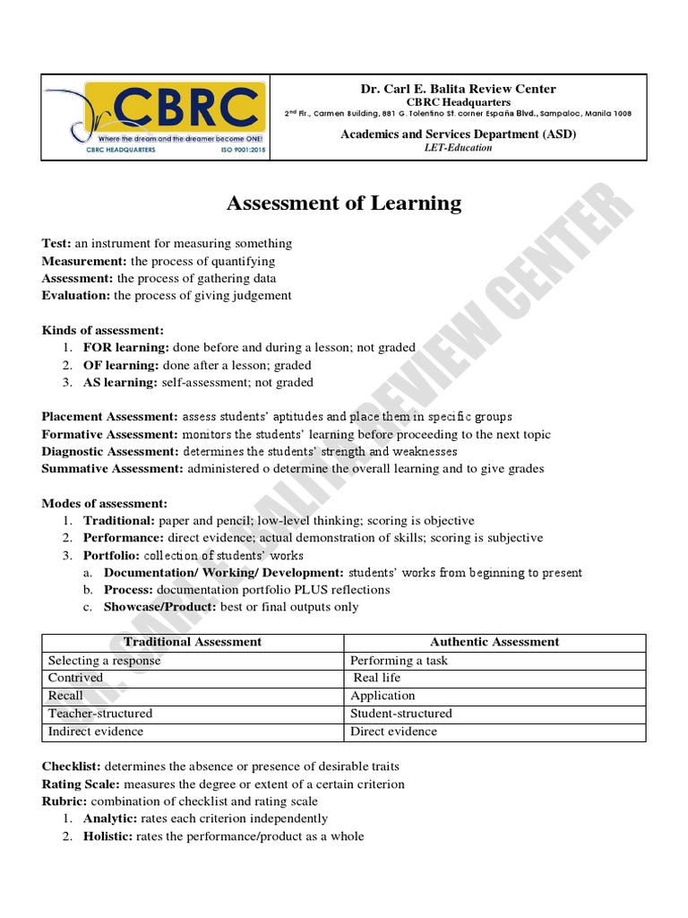 Handout Assessment of Learning | PDF | Educational Assessment ...