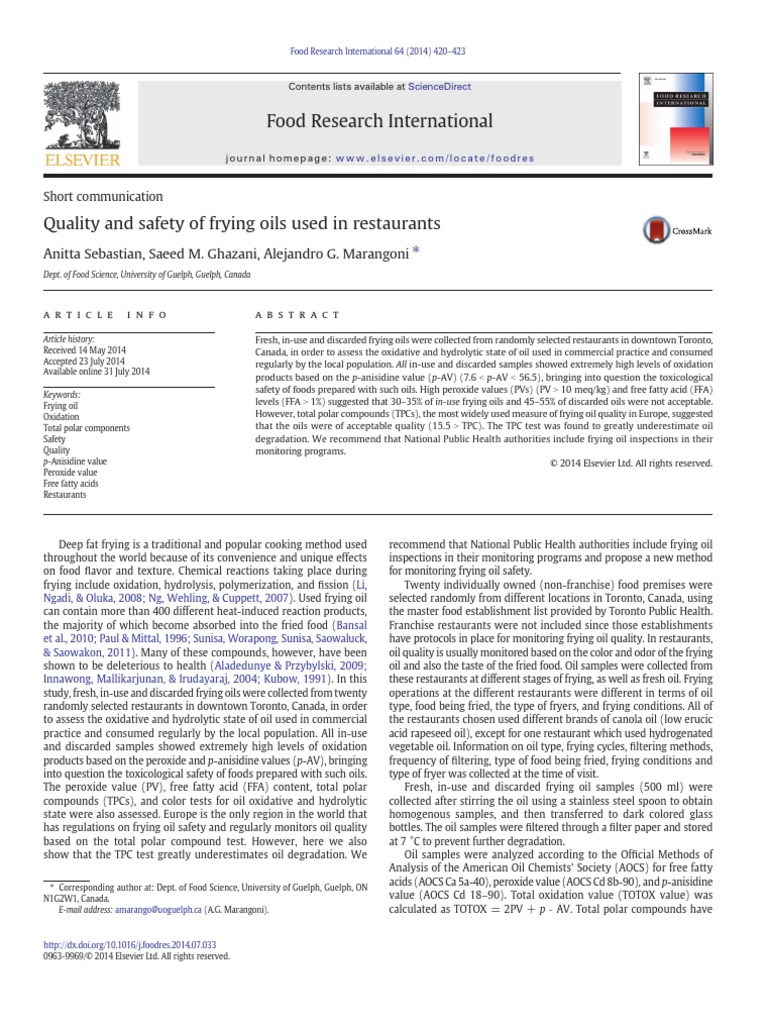Quality and Safety of Frying Oils Used in Restaurants | PDF | Cooking ...