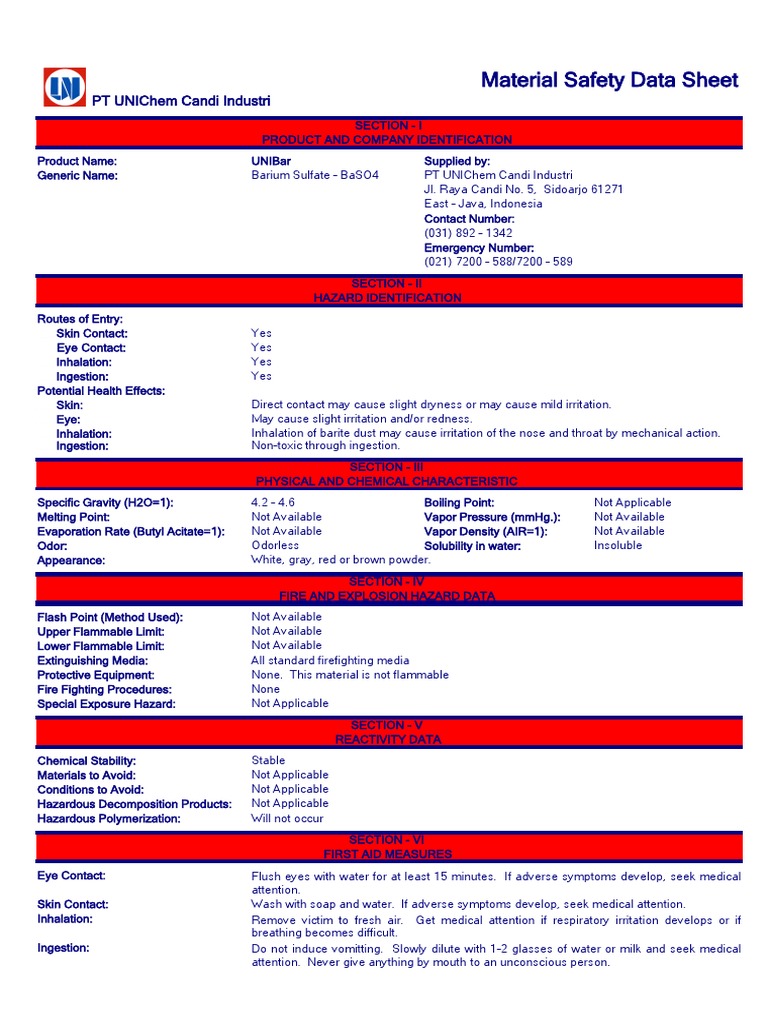 Material Safety Data Sheet for UNIBar & UNIGel | PDF | Personal ...