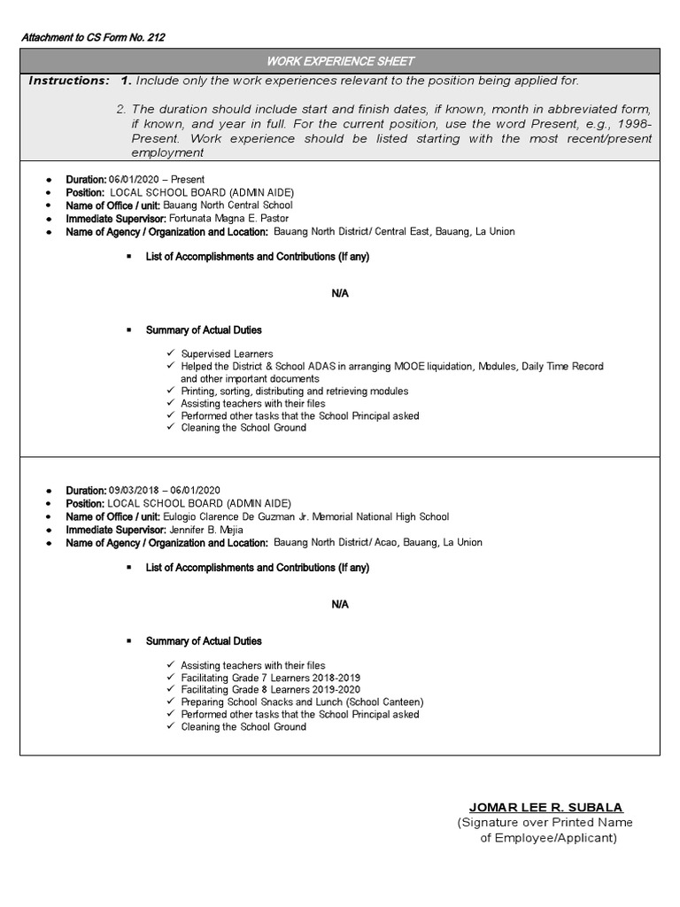 Work Experience Sheet | PDF | Cognition | Learning