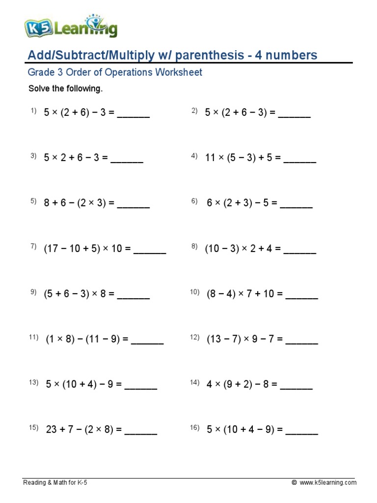 Grade 3 Order Operations Add Sub Mult 4 C | PDF