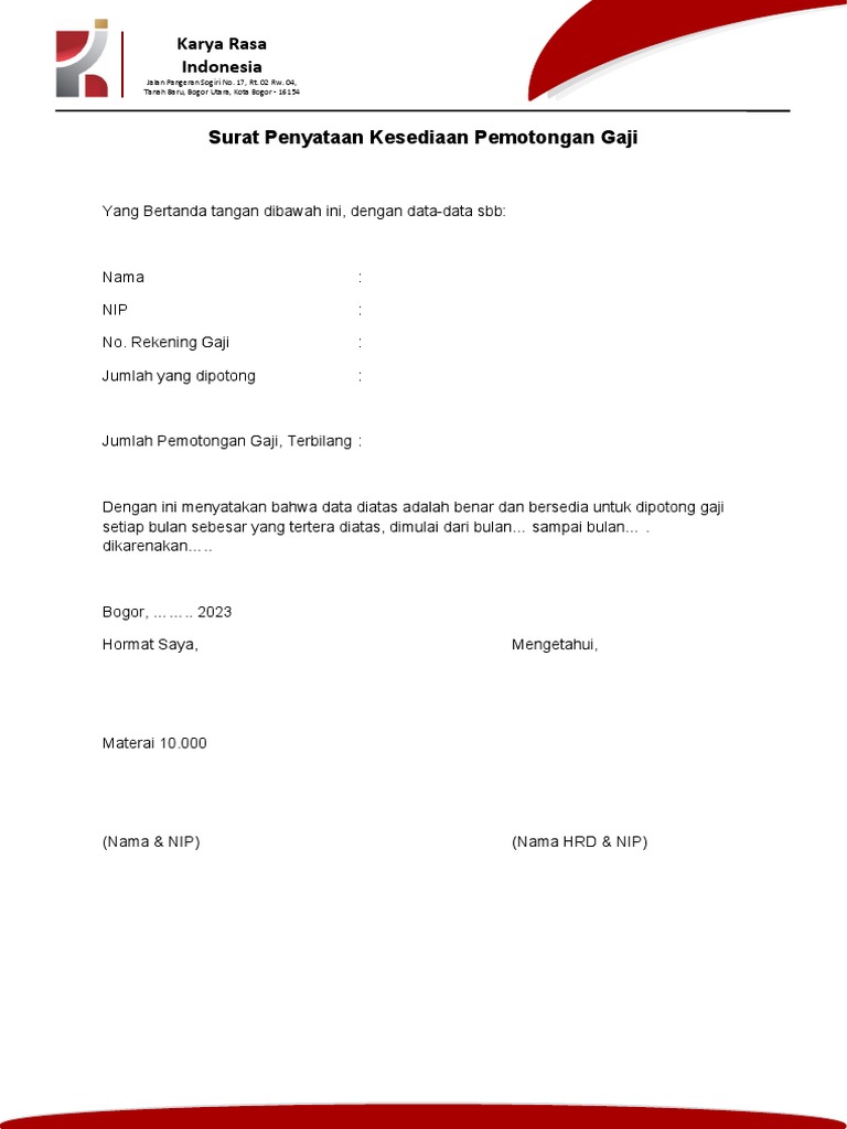 Surat Pernyataan Potong Gaji | PDF Surat Pernyataan Potong Gaji | PDF
