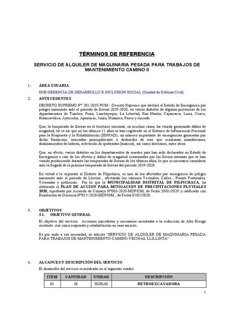 Términos de Referencia: Servicio de Alquiler de Maquinaria Pesada para Trabajos de Mantenimiento ...