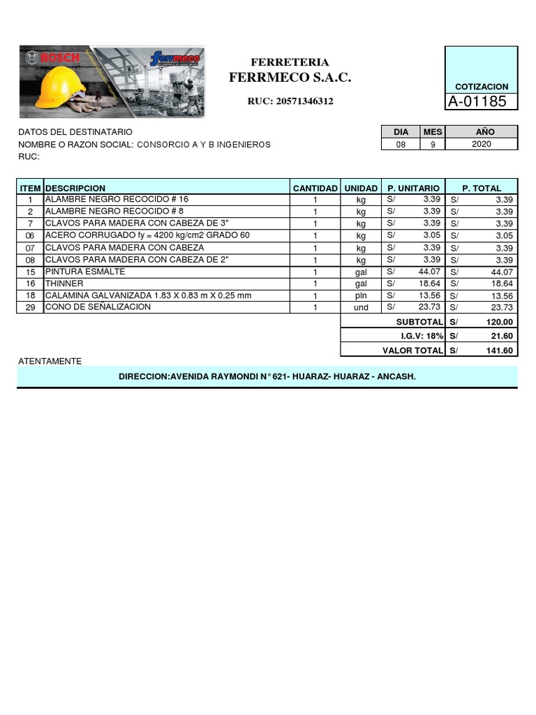 Cotización de Materiales de Construcción | PDF