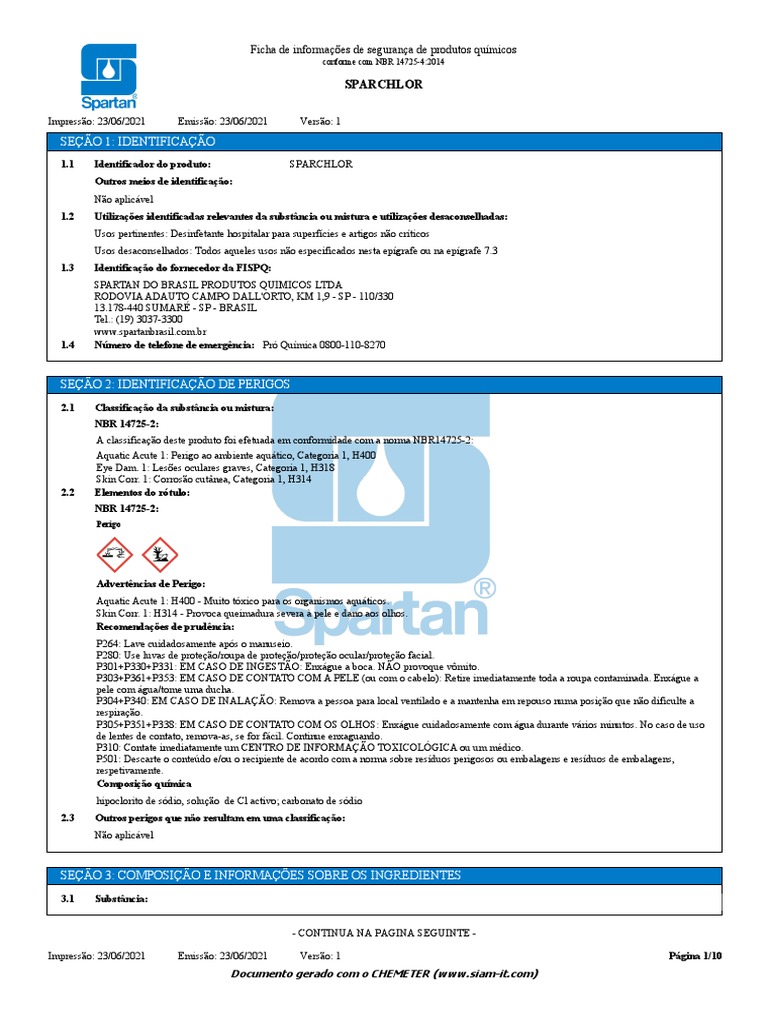 FISPQ - Sparchlor | Download grátis PDF | Química | Desperdício