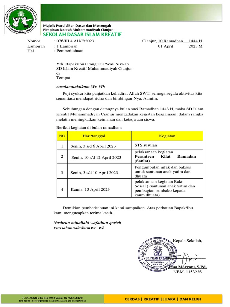 Surat Pemberitahuan Kegiatan Ramadhan 1444 H II Fix | PDF
