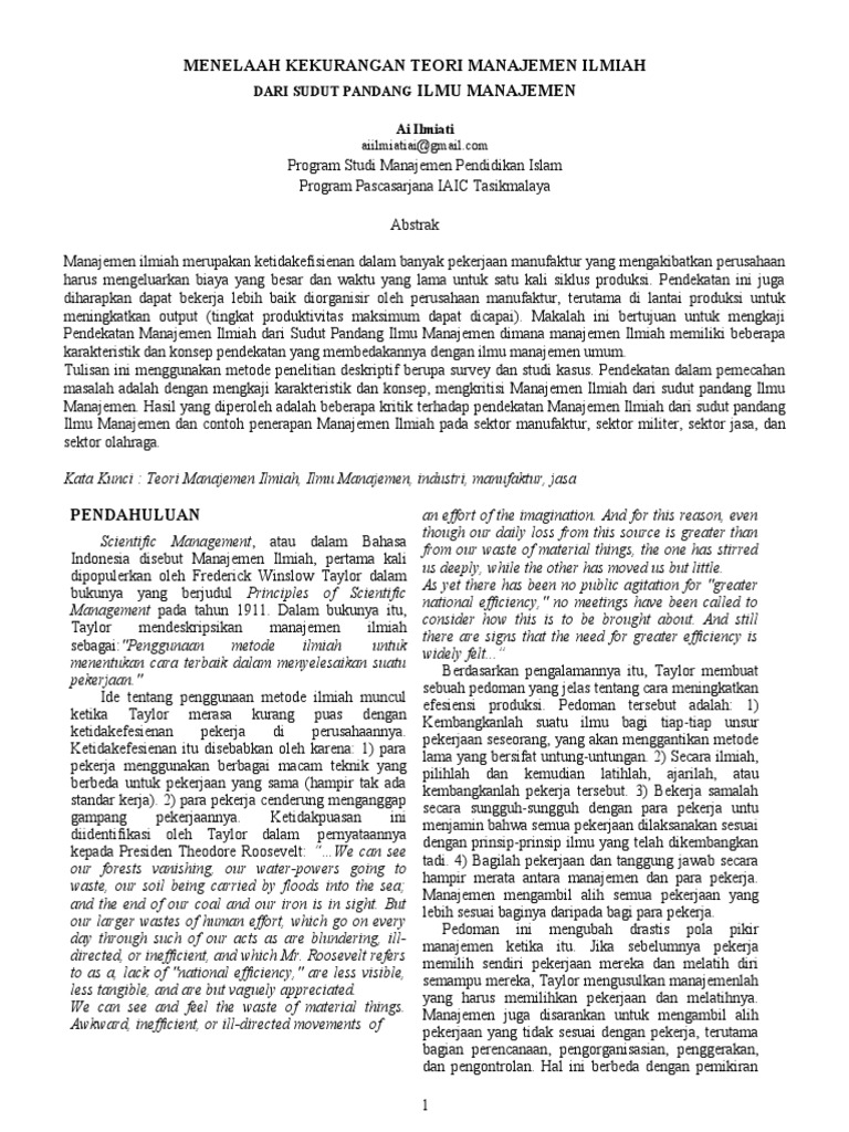 Menelaah Kekurangan Teori Managemen Ilmiah Dari Sudut Pandang Ilmu ...