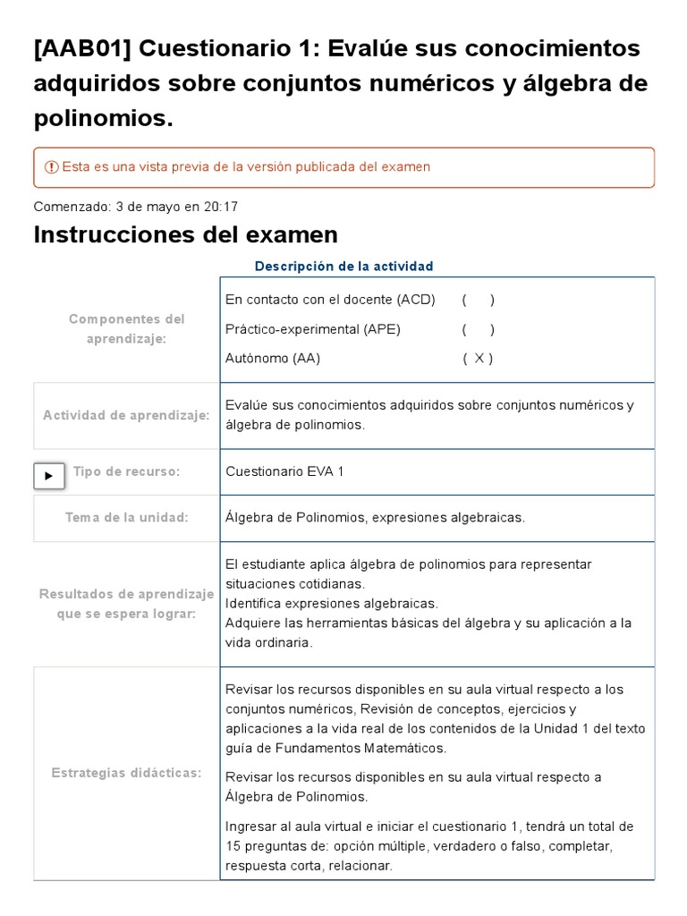 Examen - (AAB01) Cuestionario 1 - E1 | PDF | Multiplicación | Números