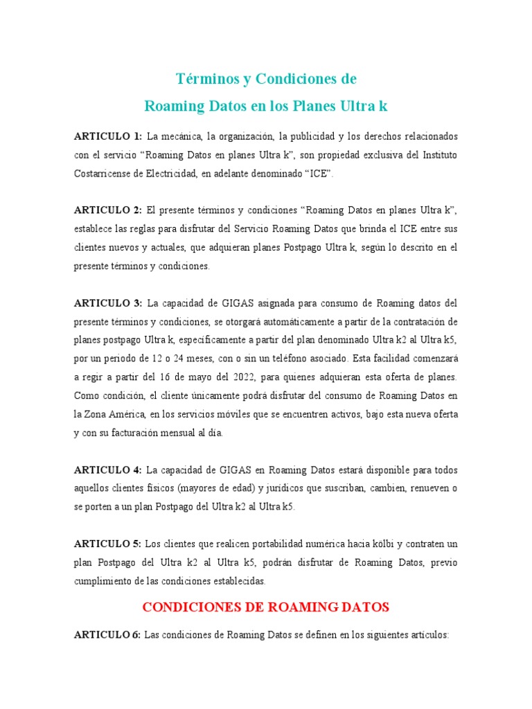 Terminos y Condiciones Del Servicio Roaming Datos en Los Planes Ultrak | PDF | Itinerancia ...