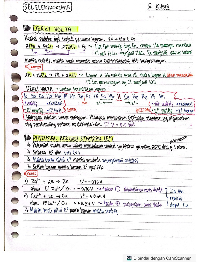 Chemistry - Sel Elektrokimia (Deret Volta, Potensial Reduksi Standar, Dan Kesepontanan Reaksi) | PDF