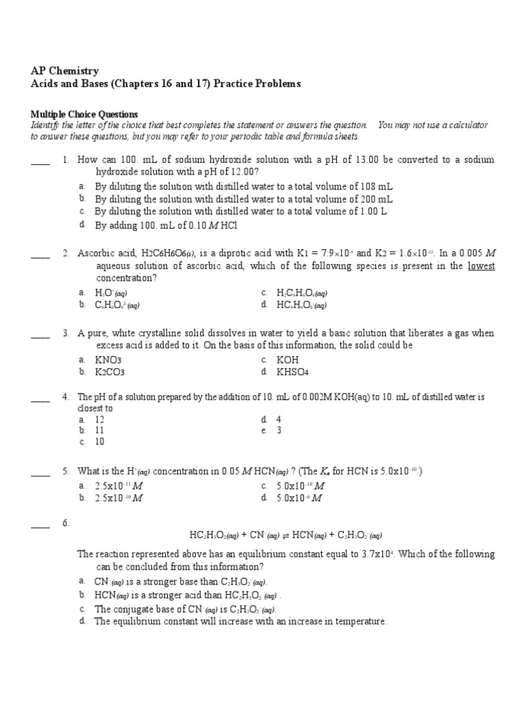AP Chemistry Acids & Bases Practice | PDF | Acid | Ph