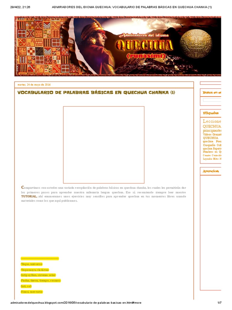 Vocabulario Básico Quechua Chanka | PDF
