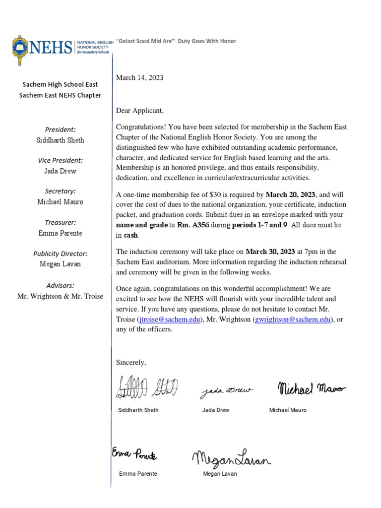 NEHS Membership Congratulations Letter | PDF