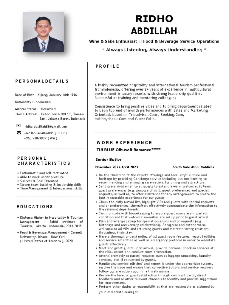 Resume of Ridho Abdillah | PDF | Waiting Staff | Restaurants