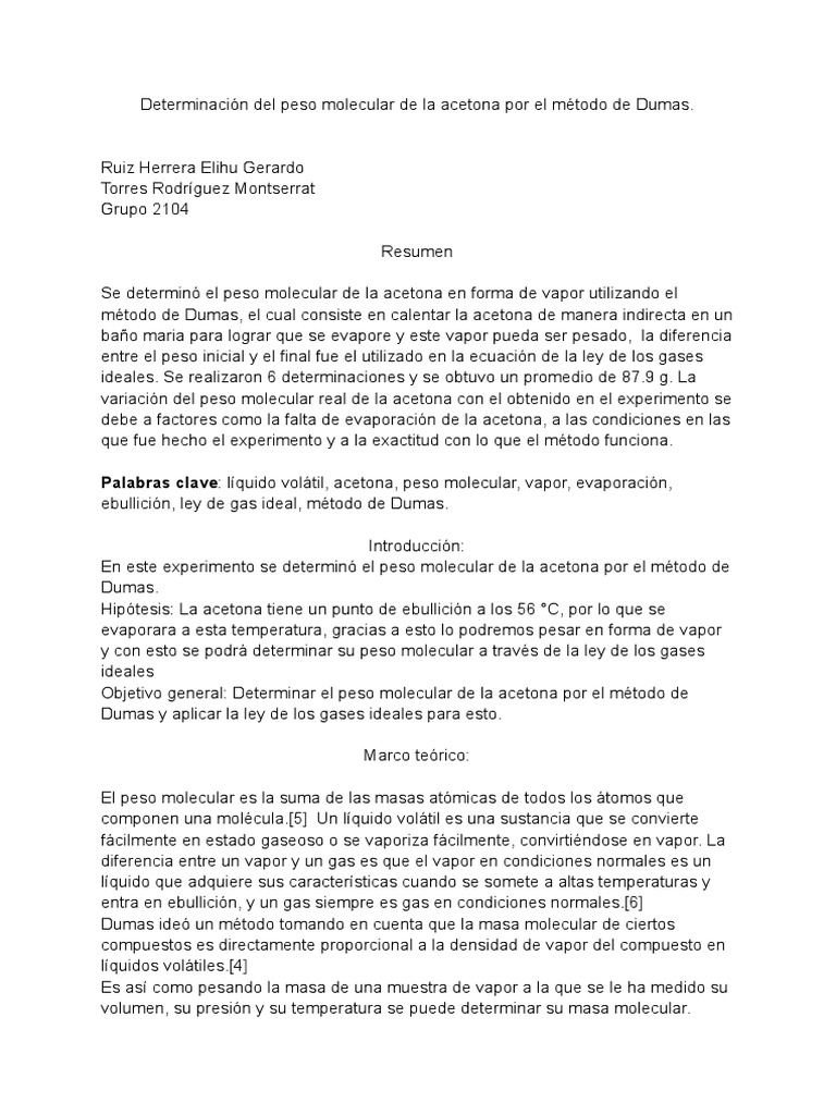 Determinación Del Peso Molecular de La Acetona Por El Método de Dumas ...