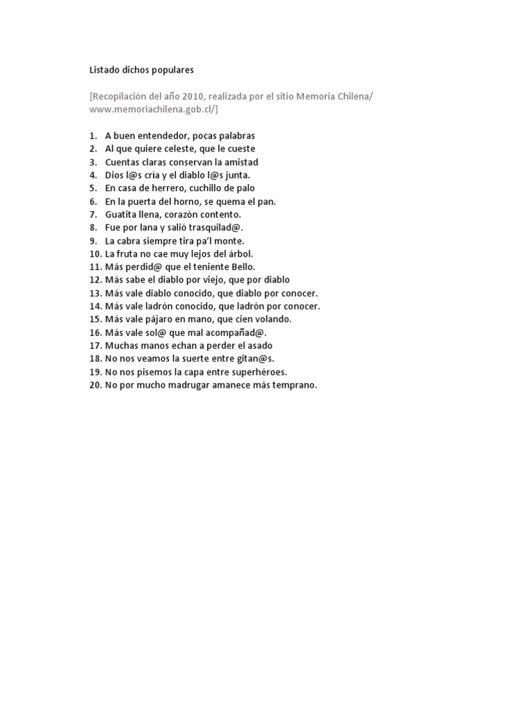 10 Refranes Populares Chilenos | PDF | Derecho