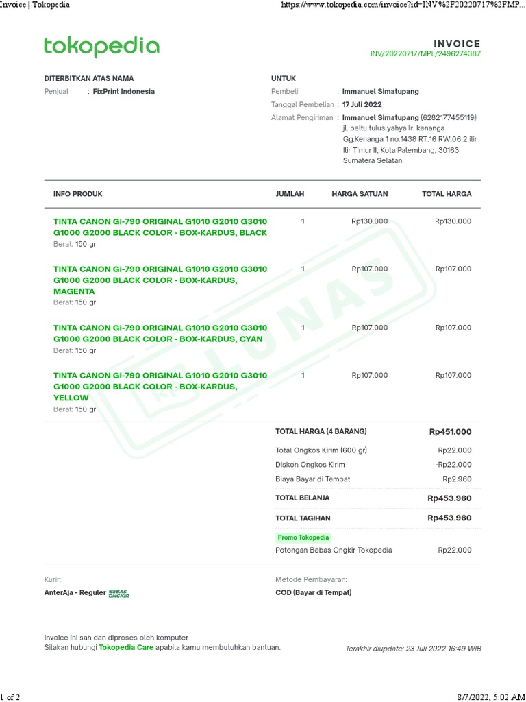 Invoice Tokopedia Tinta | PDF