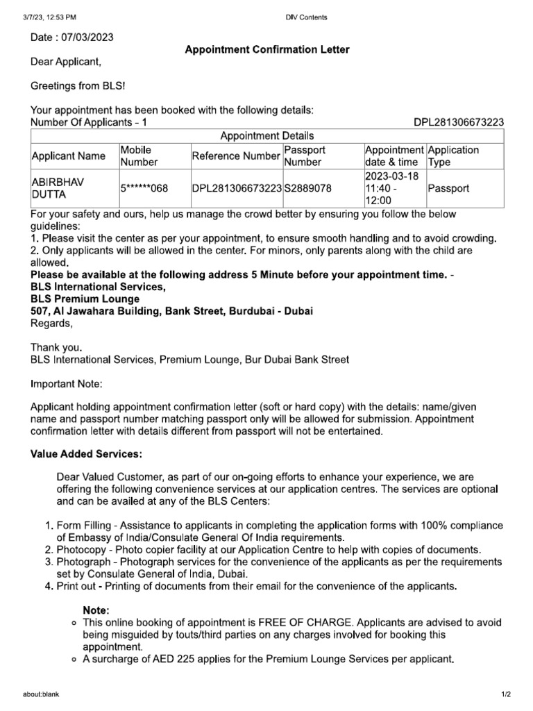 Booking Receipt Passport Bls | PDF