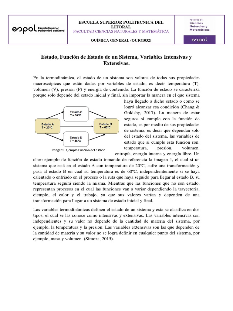 Resumen Estado, Función de Estado de Un Sistema, Variables Intensivas y ...
