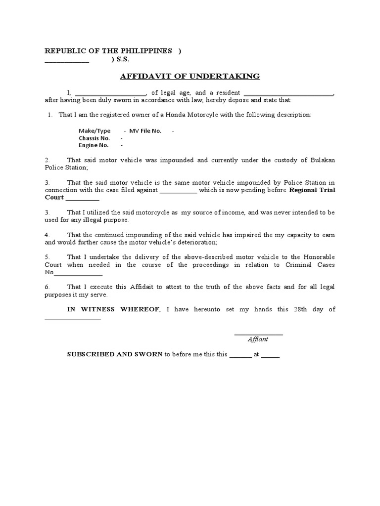 Affidavit of Undertaking Vehicle | PDF