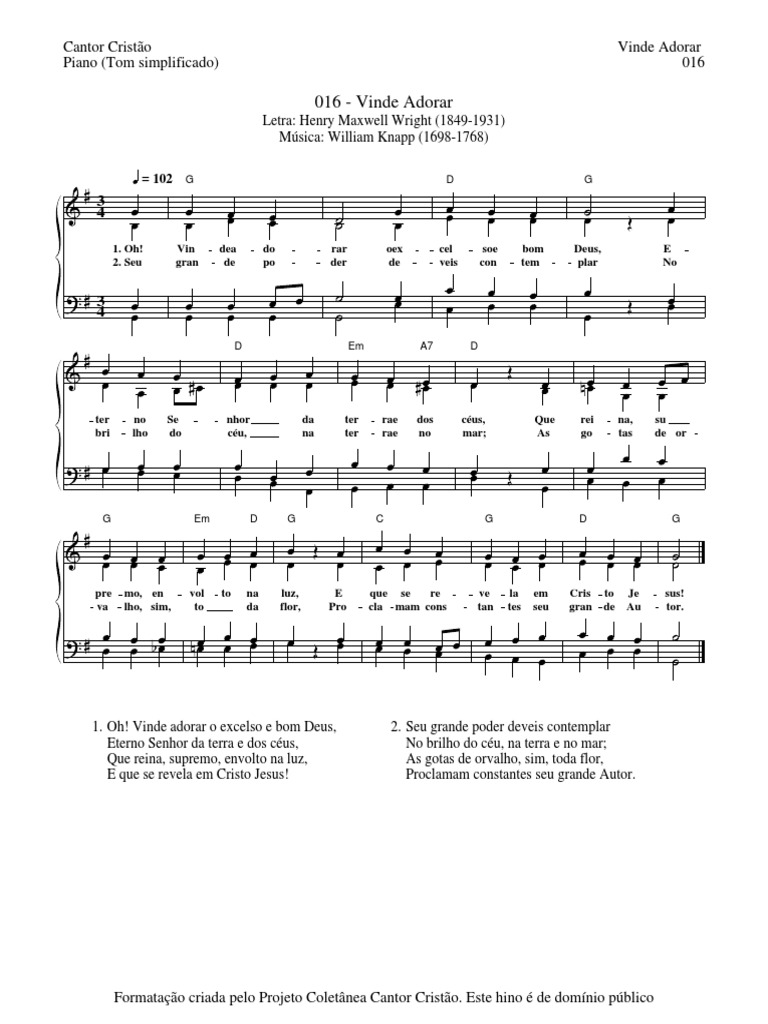 Hino "Vinde Adorar" - Letra e Piano | PDF