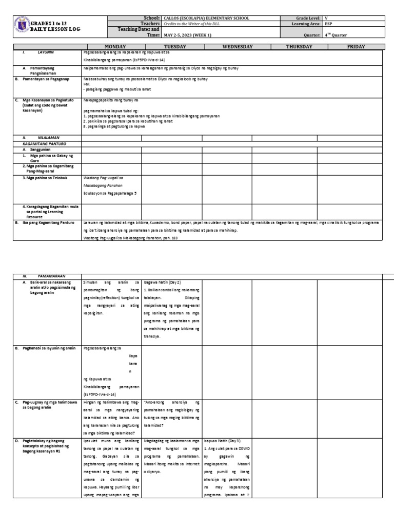 Grade 5 DLL ESP 5 Q4 W | PDF