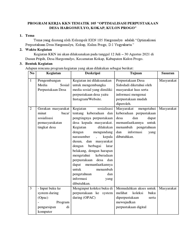 Program Kerja KKN Tematik 105 Optimalisasi Perpustakaan Desa Hargomulyo | PDF