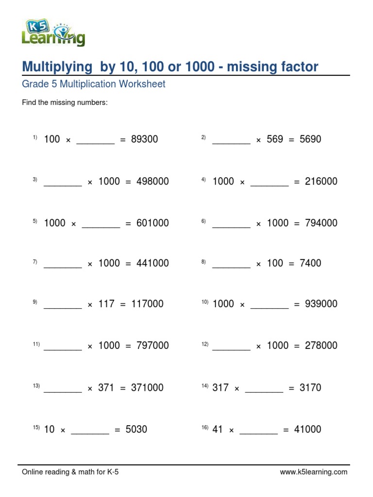 Grade 5 Multiply by 10 100 1000 D | PDF
