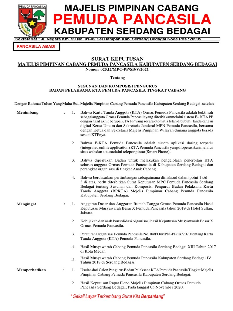 SK BP KTA PP MPC Serdang Bedagai Pemuda Pancasila | PDF