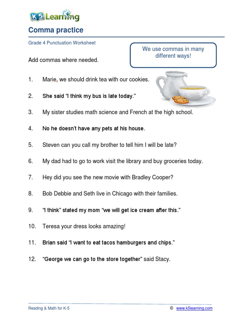 Grade 4 Comma Practice B | PDF