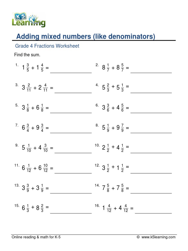 Grade 4 Adding Mixed Numbers Like Denominators b | PDF | Mathematical Objects | Signal Processing
