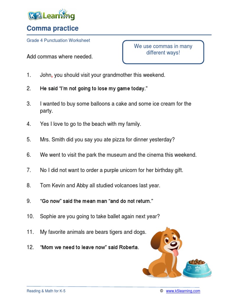 Grade 4 Comma Practice A | PDF