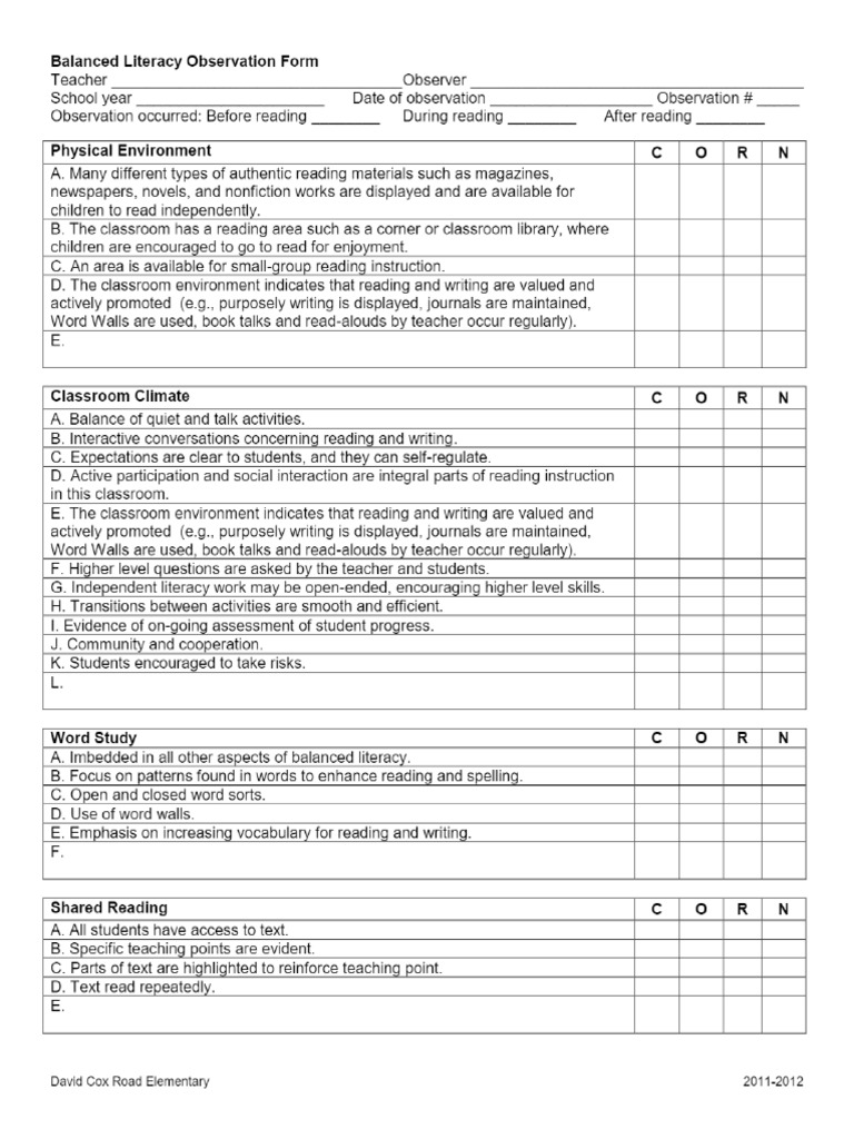 Balanced Literacy Observation Form | PDF