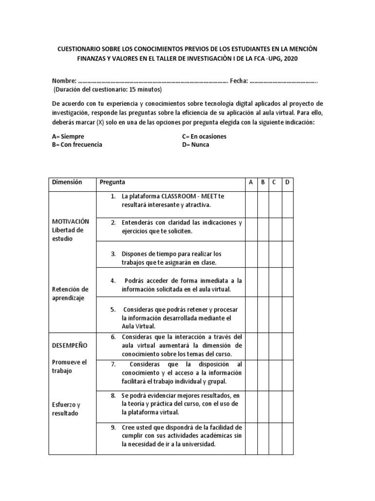 T Inv Cuestionario | PDF | Salón de clases | Cuestionario
