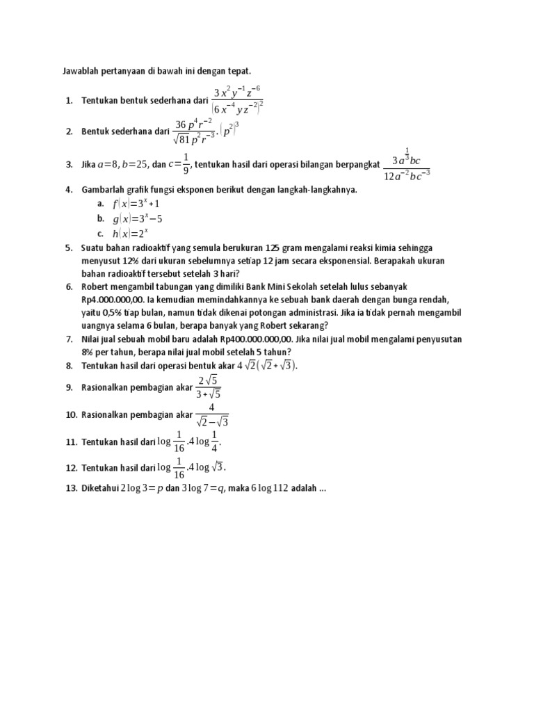Soal PTS Matematika Kelas X Semester 1 2022-2023 | PDF