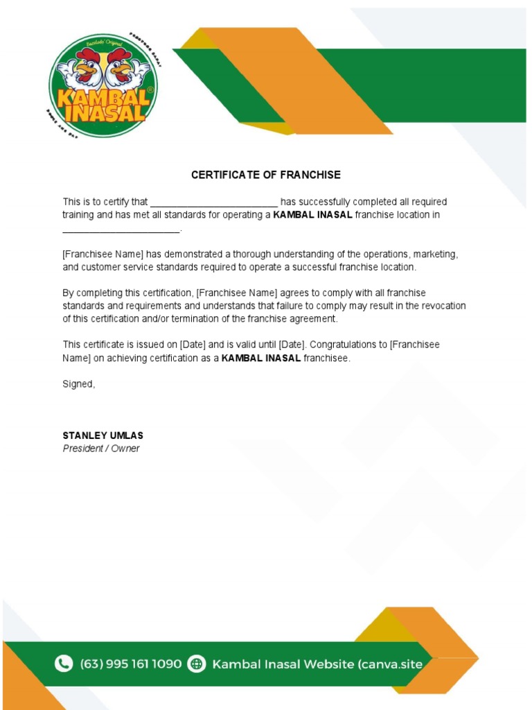 Franchise Certificate Kambal Inasal | PDF